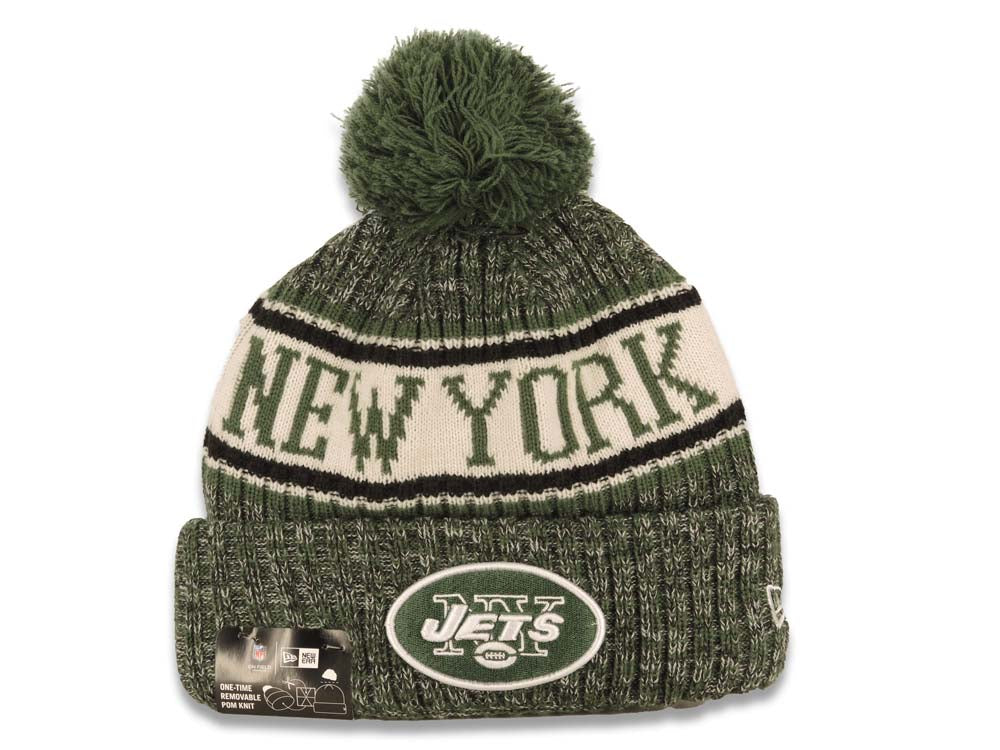 New York Jets New Era NFL Cuffed Pom Sideline Beanie/Knit Hat Green/Wh ...