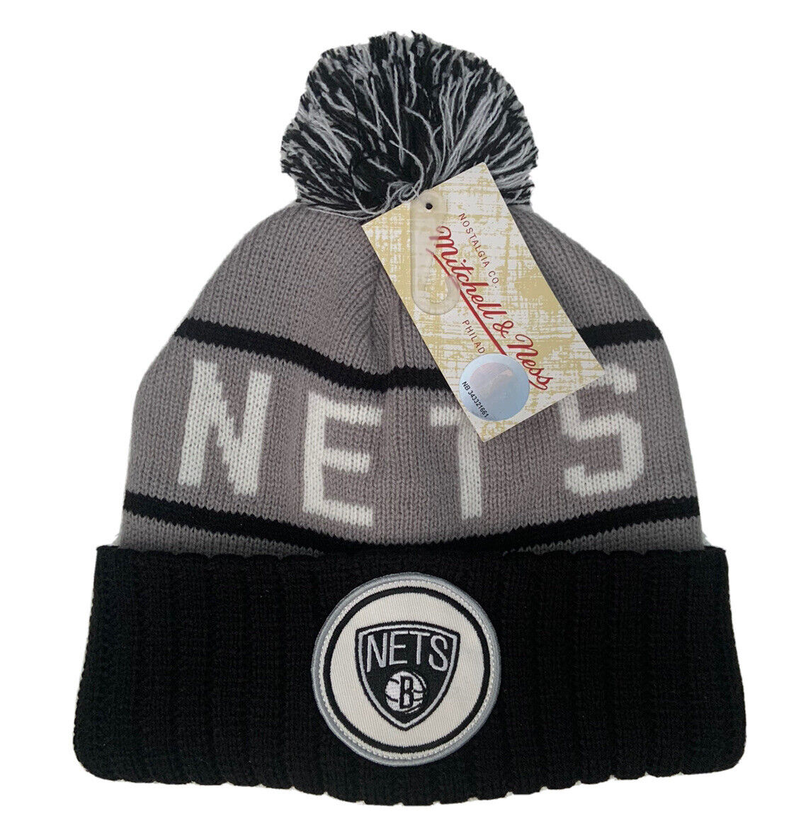 Brooklyn Nets Mitchell & Ness NBA Pom Knit Beanie Gray/Black Crown/Vis ...