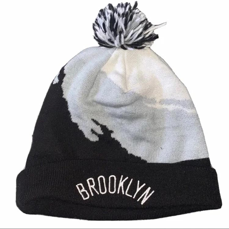 Brooklyn Nets NBA Pom Knit Beanie White/Gray/Black Crown/Visor White L ...
